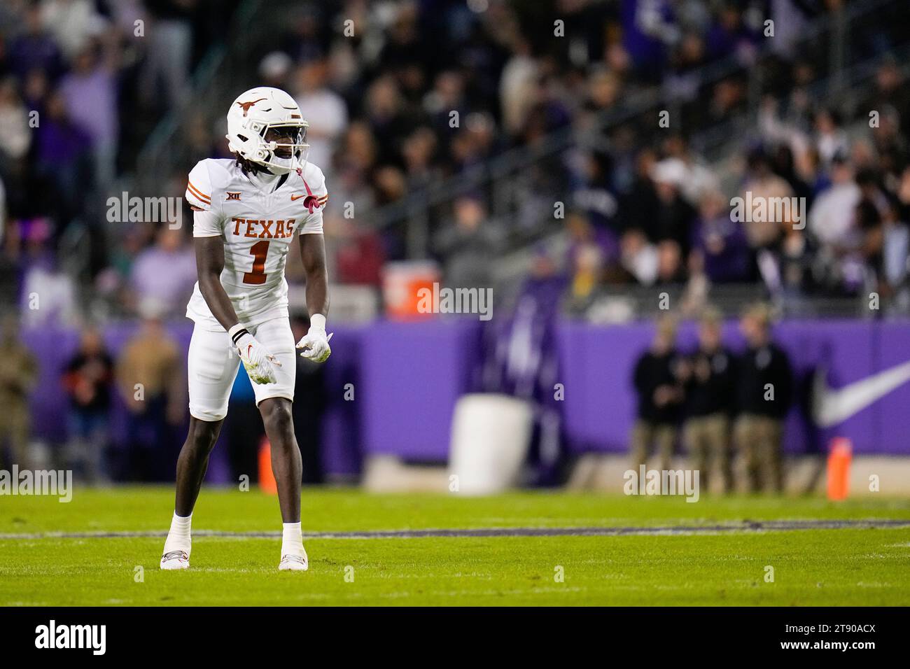 Texas wide receiver Xavier Worthy waits for a play during the first ...
