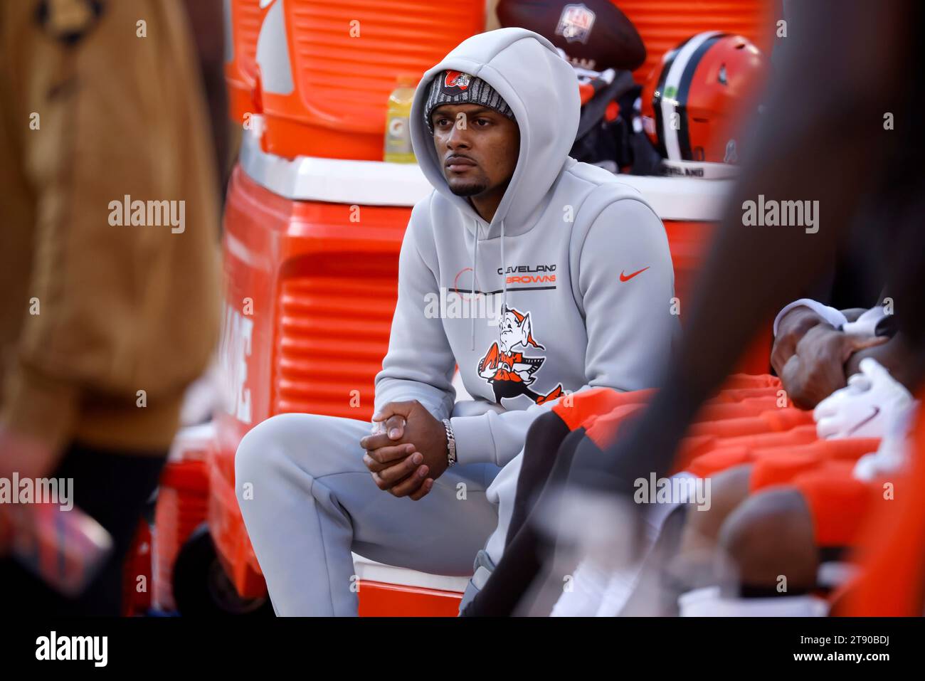 Cleveland Browns quarterback Deshaun Watson (4) sits on the bench ...