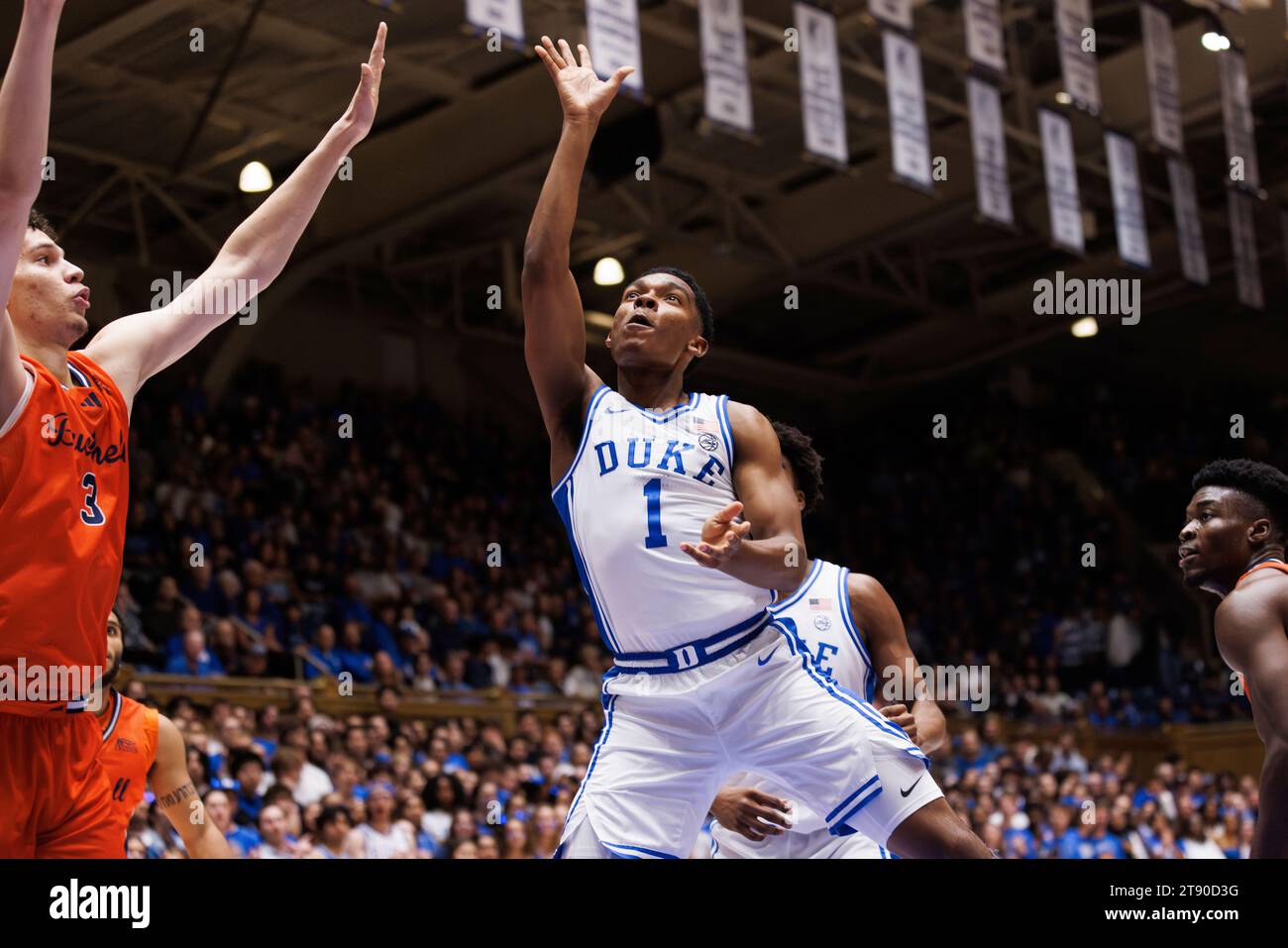 Duke's Caleb Foster (1) attempts a shot during an NCAA college ...