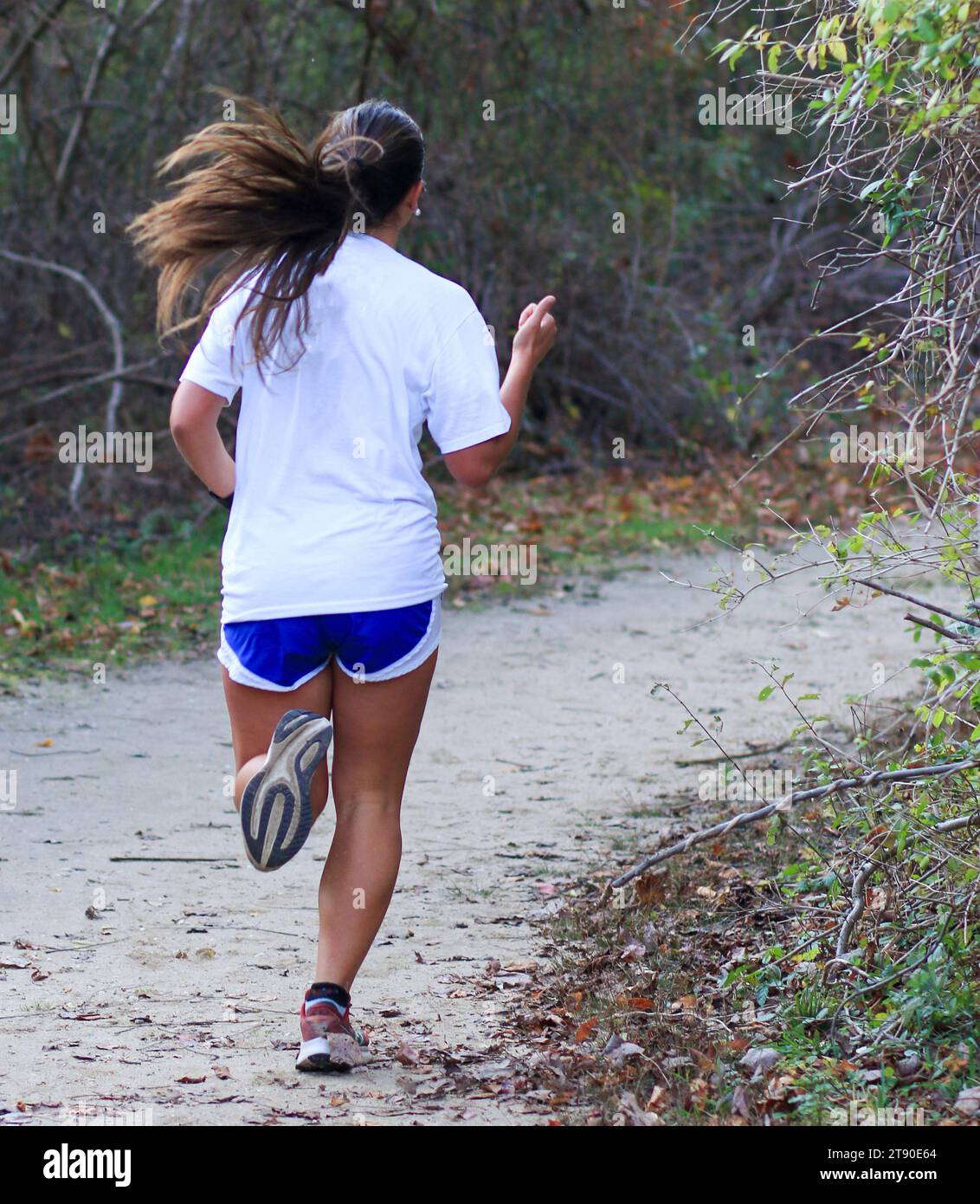 ARear View of a woman running down a dirt path in the woods giving a ...