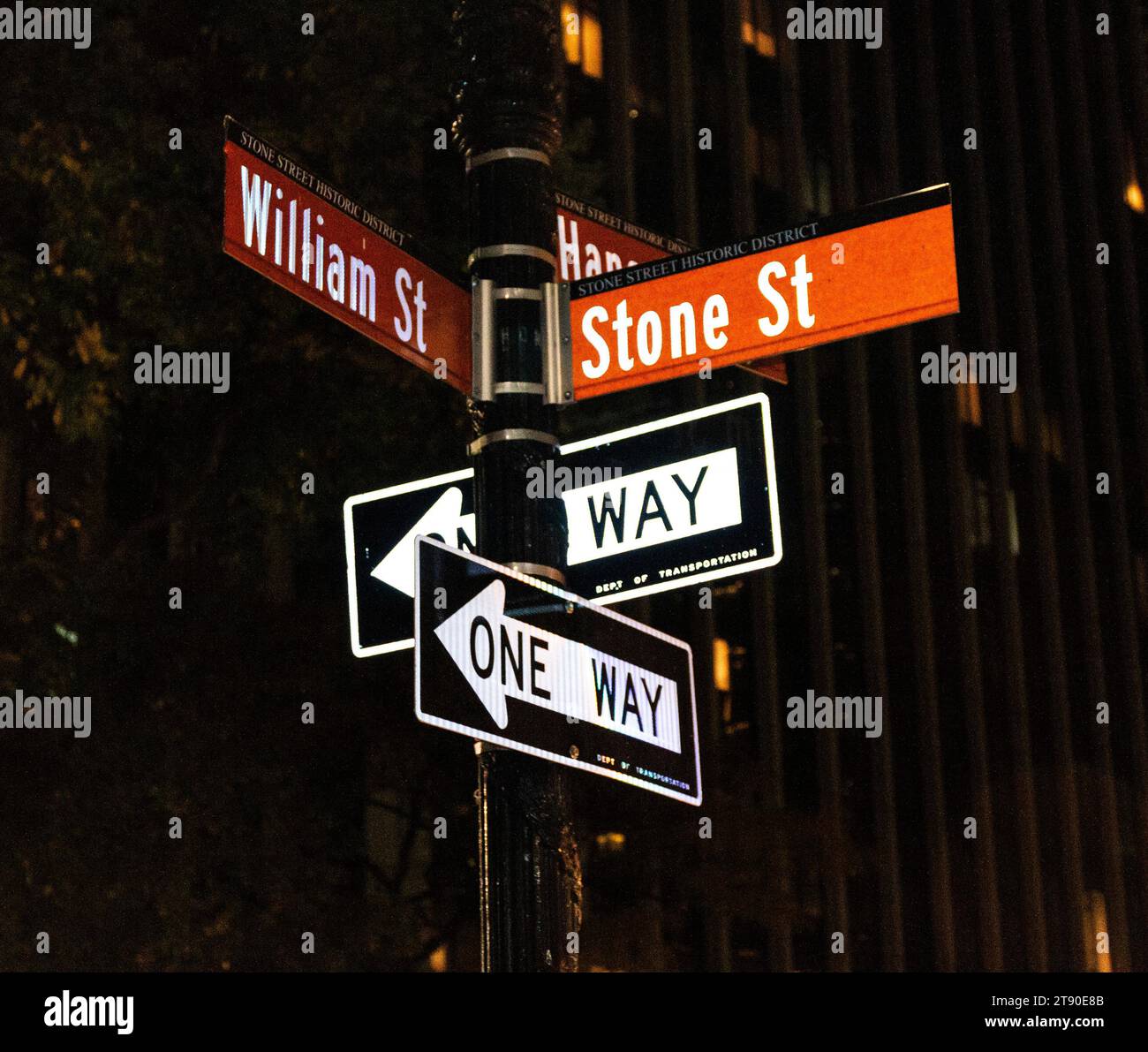 Street Signs Illuminated by a Pole Against the Night Sky in New York ...