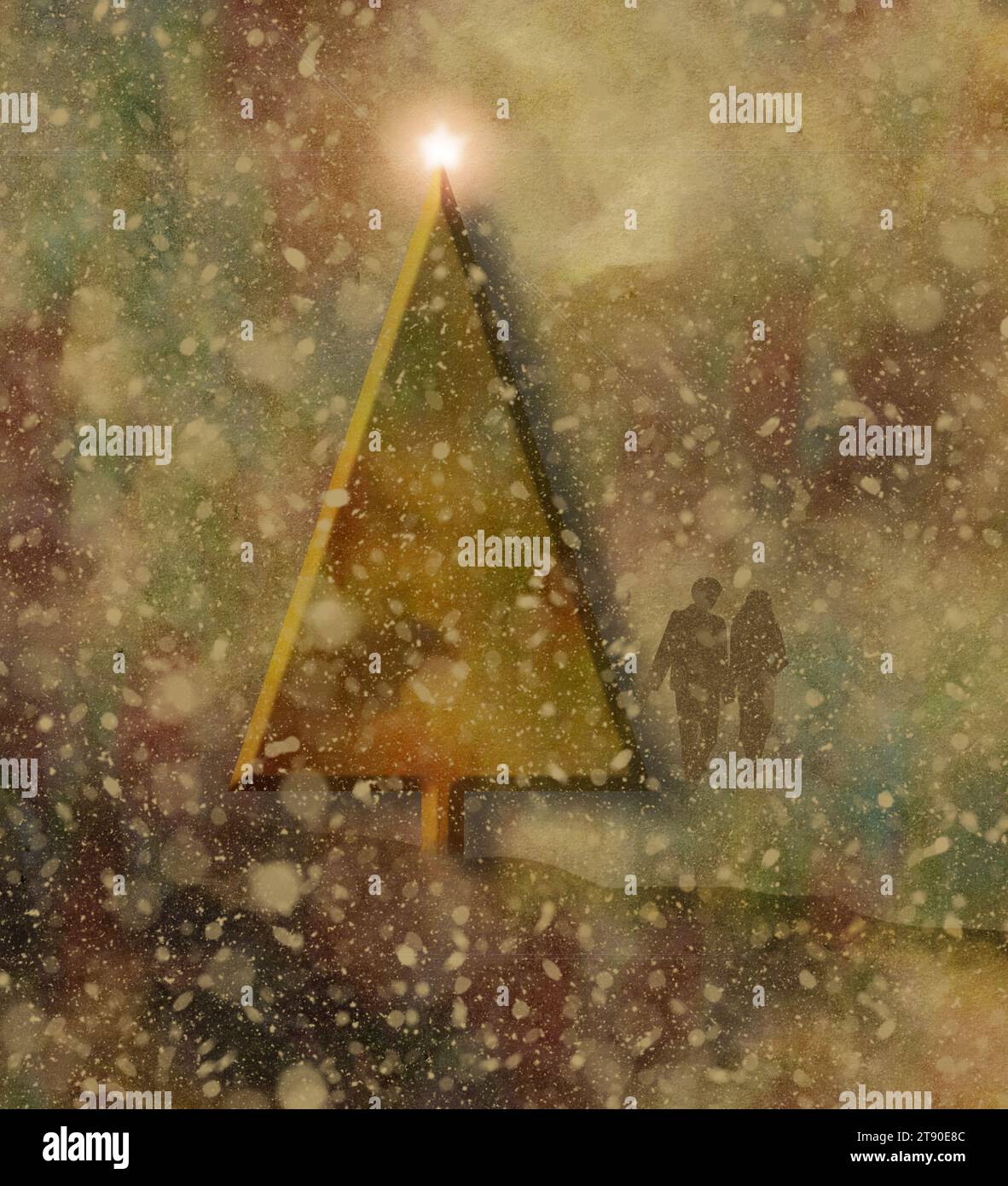 A grunge mottled earth tone 3-d illustration shows a Christmas tree in ...