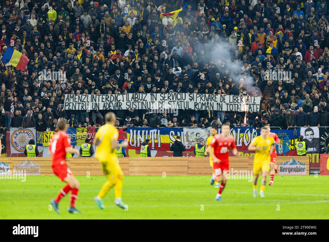 Bucharest, Romania. 22nd Nov, 2023.Romanian fans banner during the UEFA ...