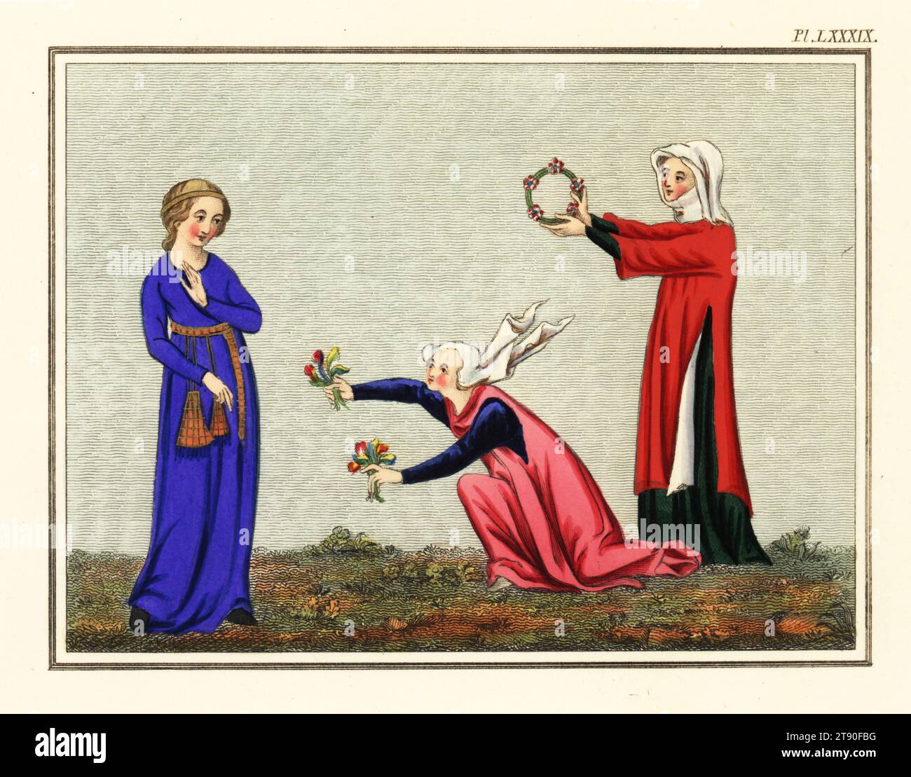 Young ladies of the 14th century. Women in wimples and tunics offer ...