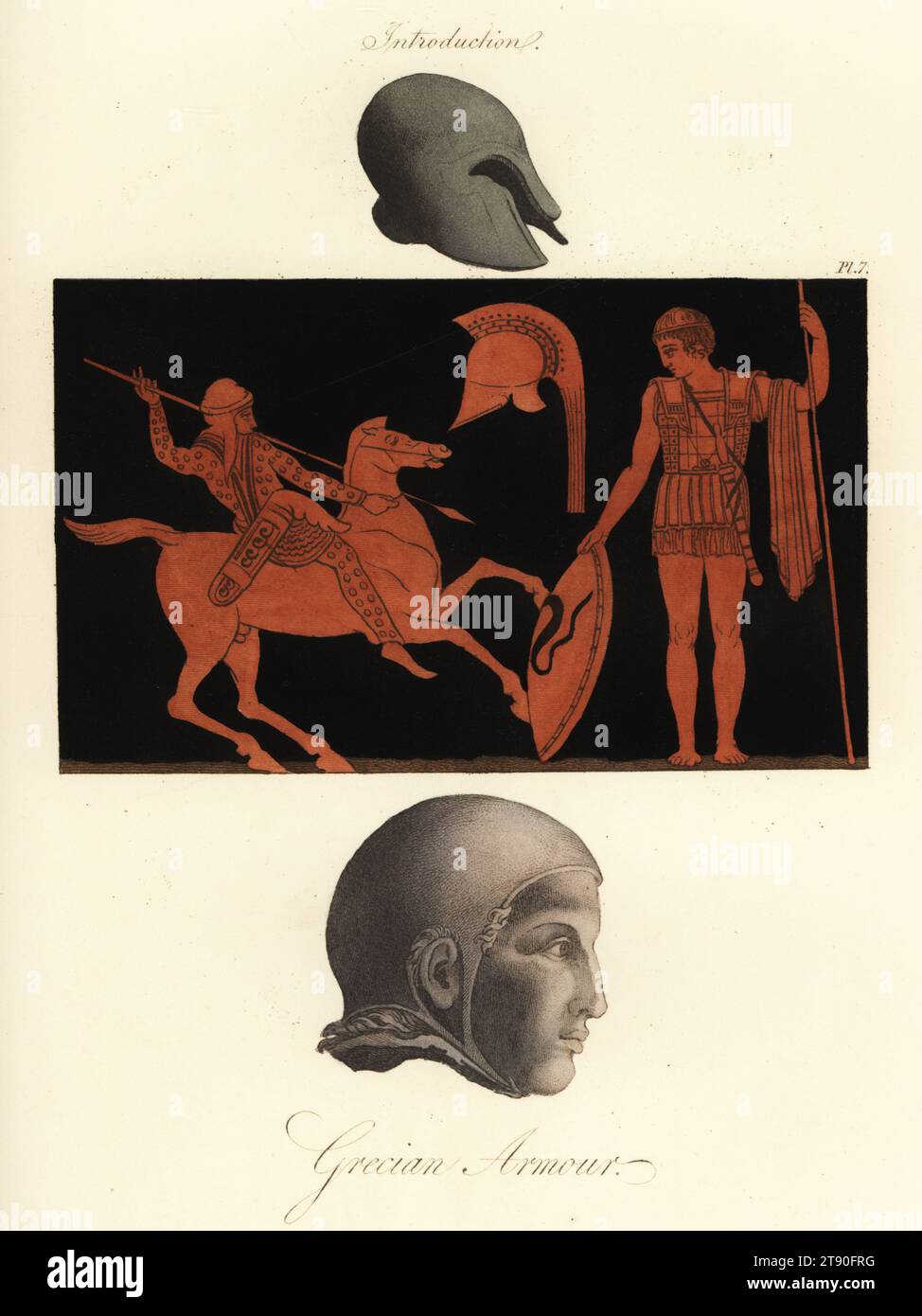 Ancient Grecian armour. Brass helmet, warriors in battle from a vases ...