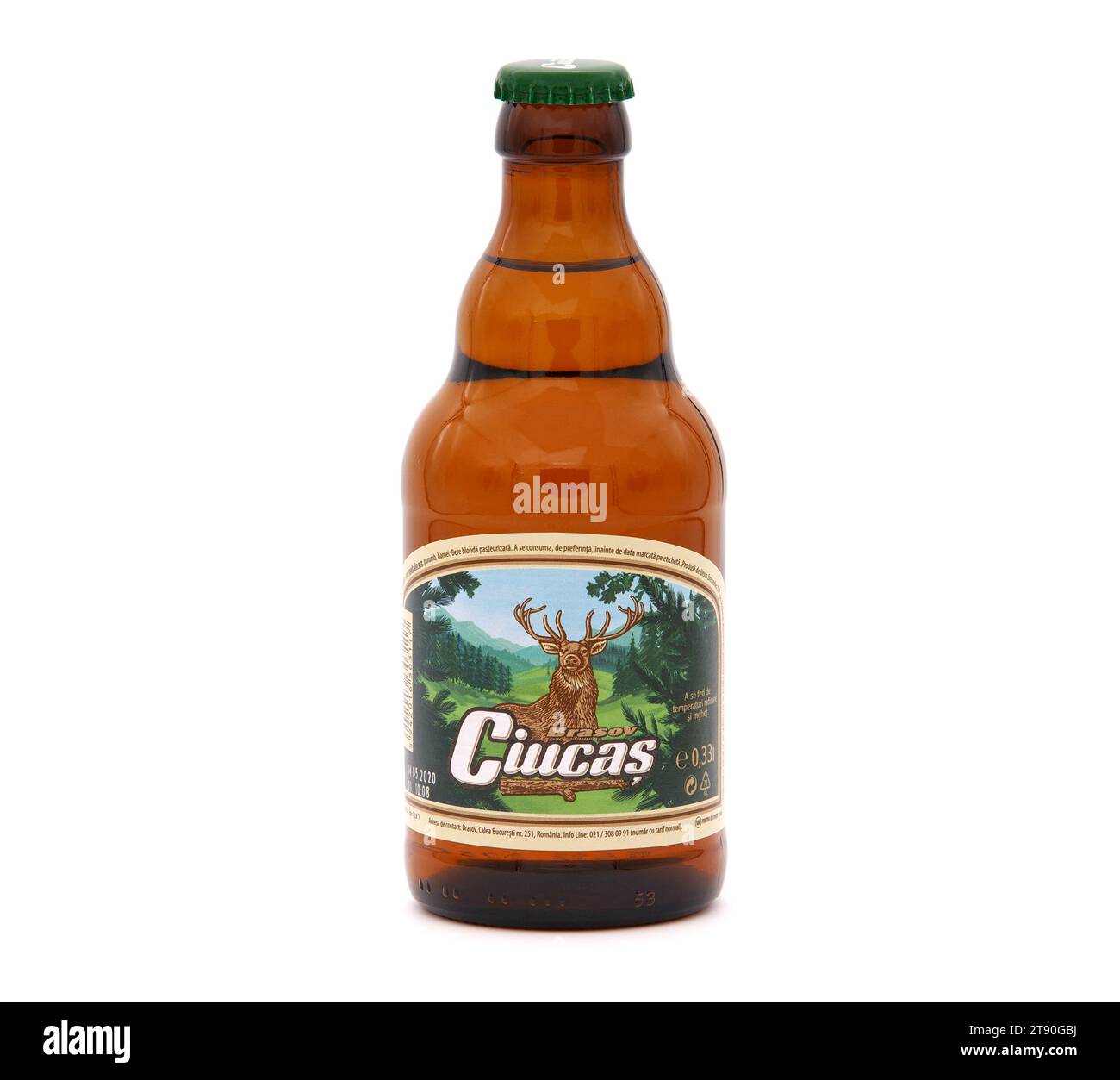 BUCHAREST, ROMANIA - JANUARY 17, 2020. Bottle of Ciucas beer isolated ...