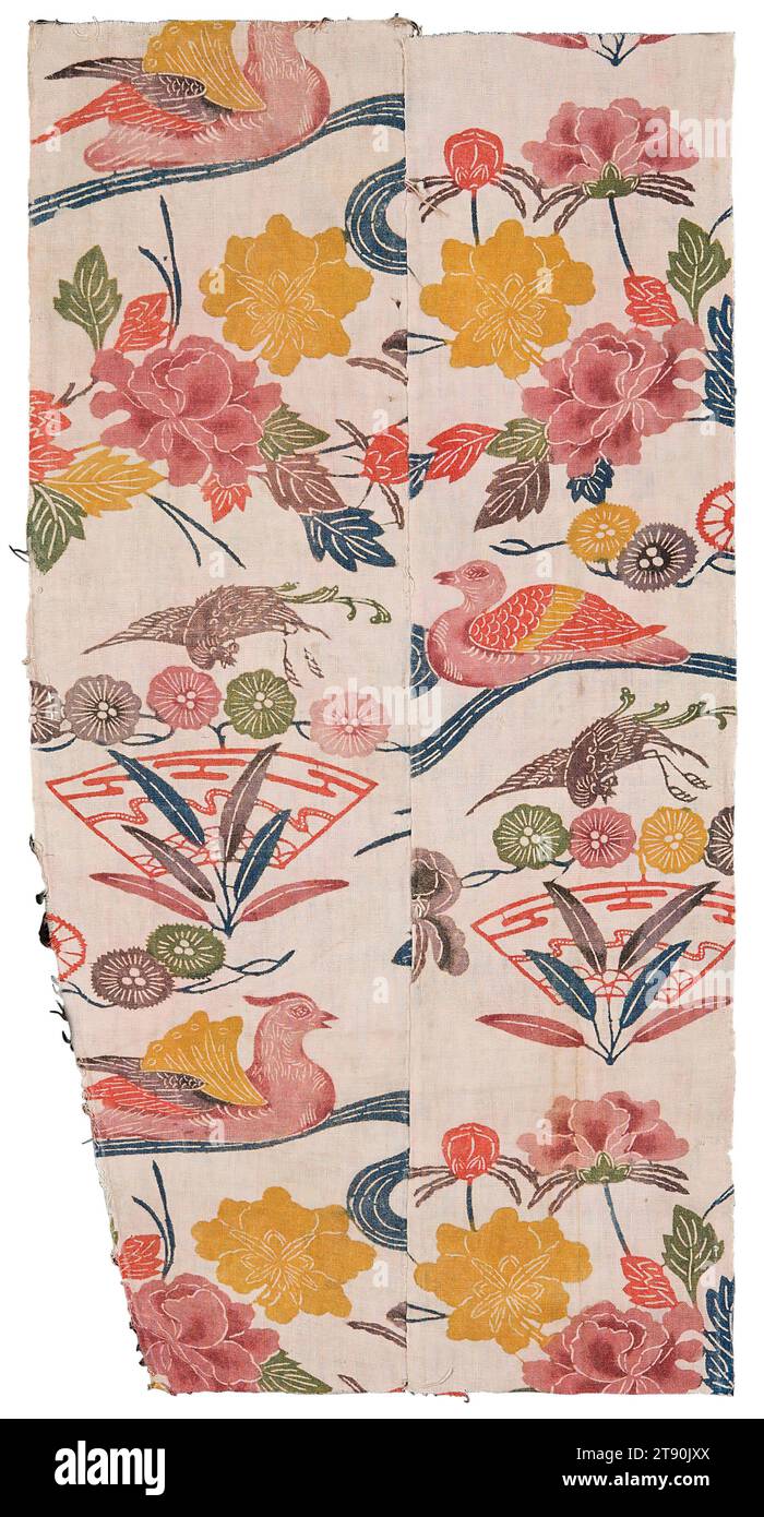 Fragment decorated with florals, ducks, fans, and phoenix, 19th century ...