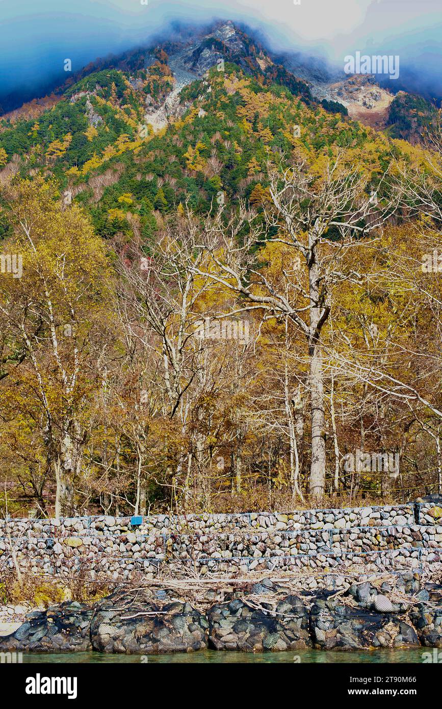 Scenery of Myojin bridge and Azusa river in late autumn at Kamikochi ...