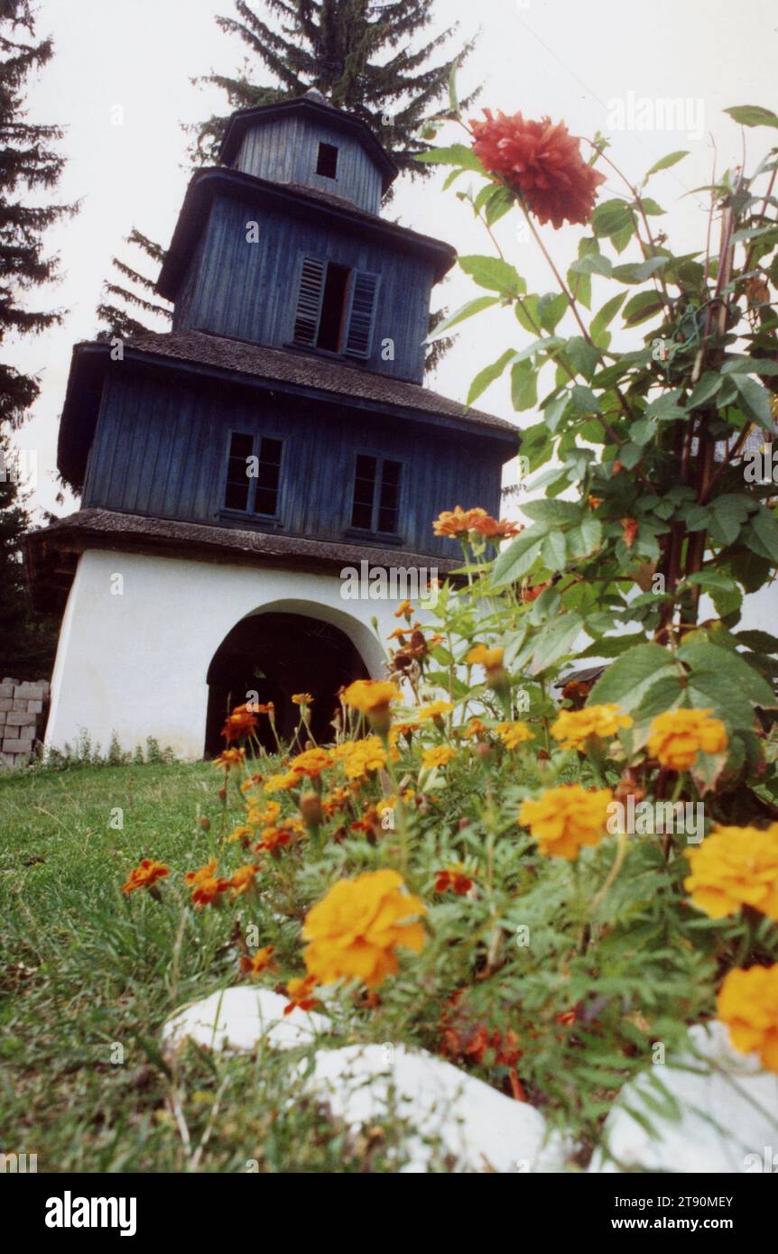 Vrancea County, Romania, 2000. Exterior of the wooden bell tower at ...