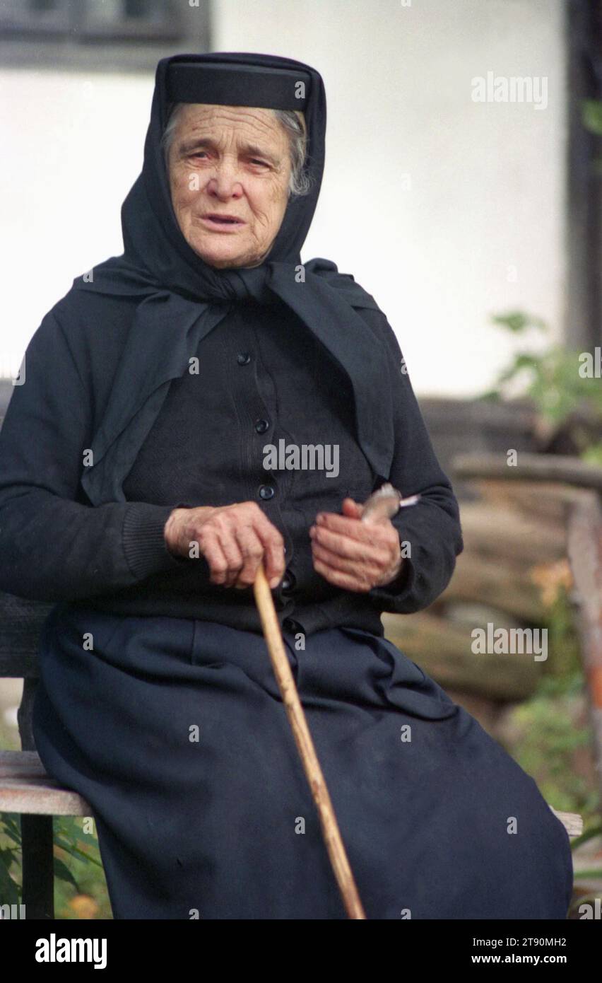 Vrancea County, Romania, 2000. Portrait of elderly nun at Valea Neagra ...
