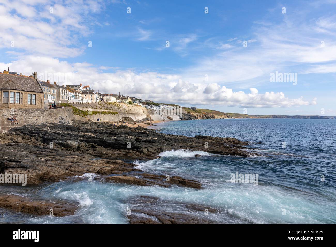 Porthleven fishing port town in Cornwall and rugged rocky beach ...