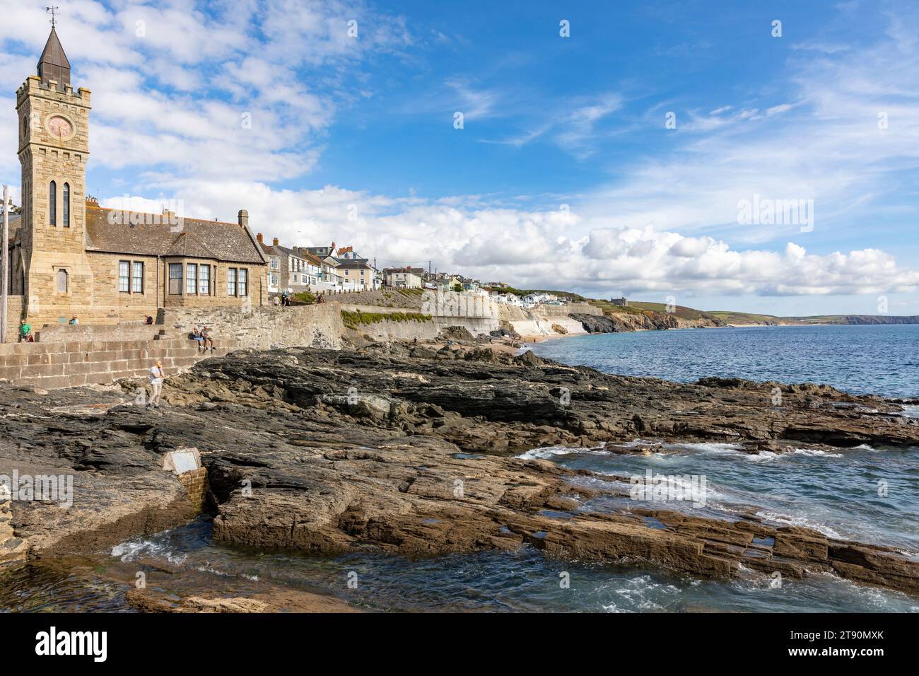 Porthleven town in Cornwall view of the coast and Porthleven town hall ...