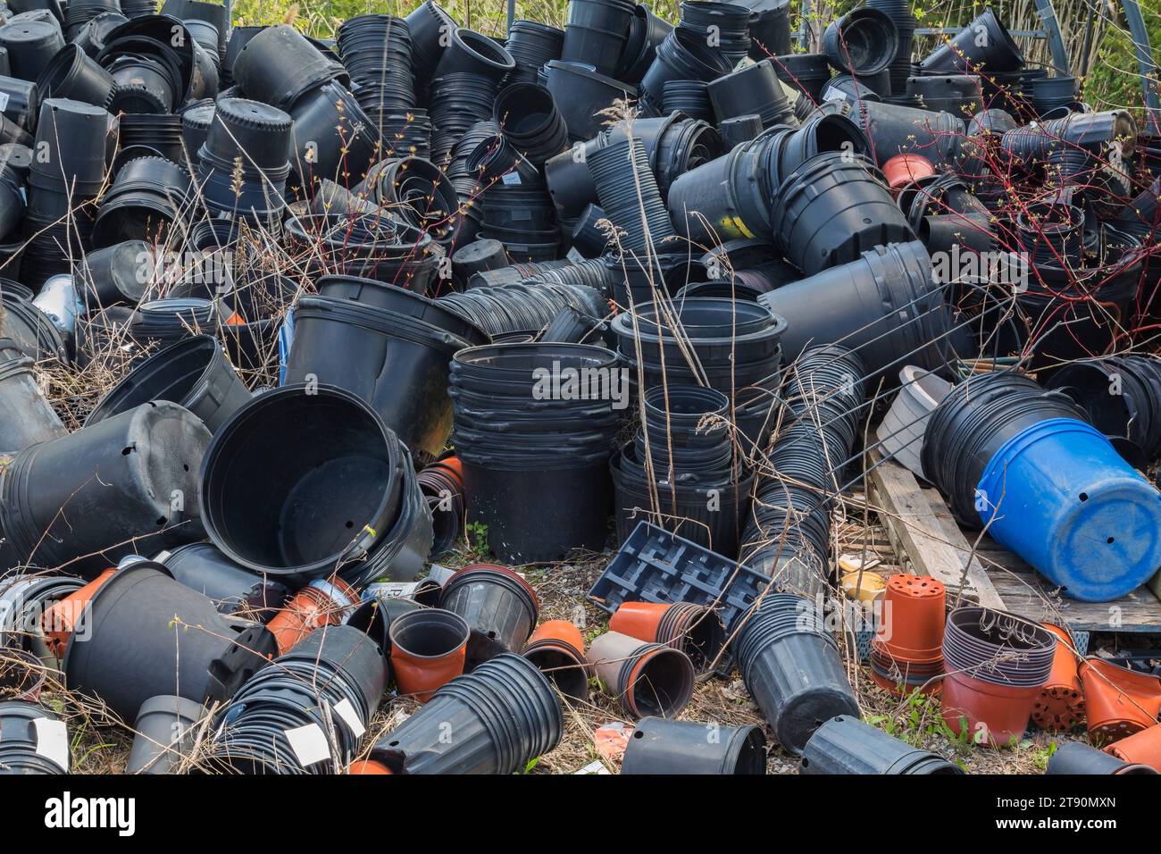 Pile of discarded assorted black plastic containers used for planting ...