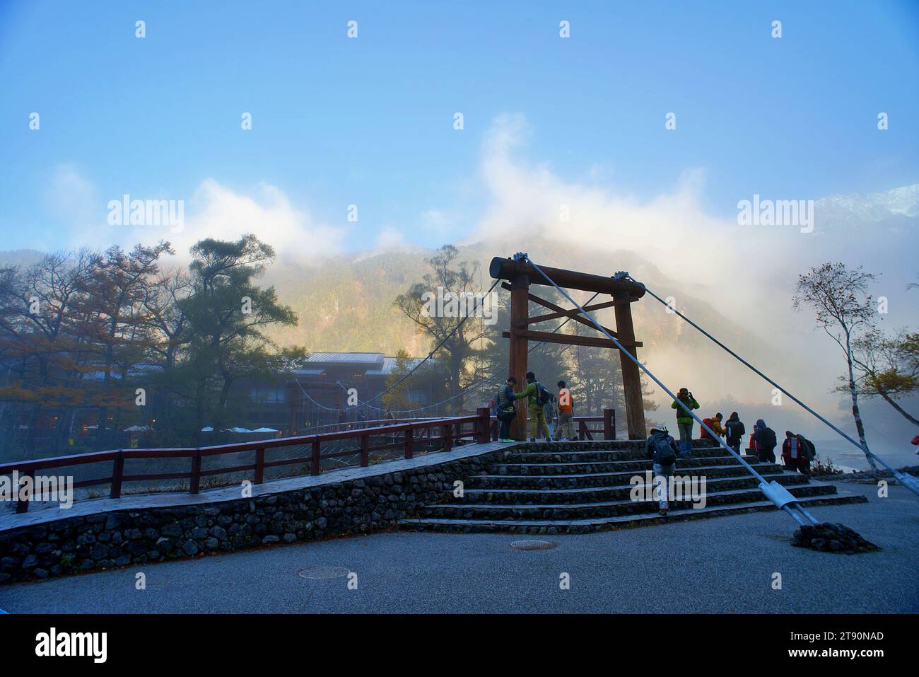 KAMIKOCHI,NAGANO,JAPAN-Tourists on the kappa wooden bridge at Kamikochi ...