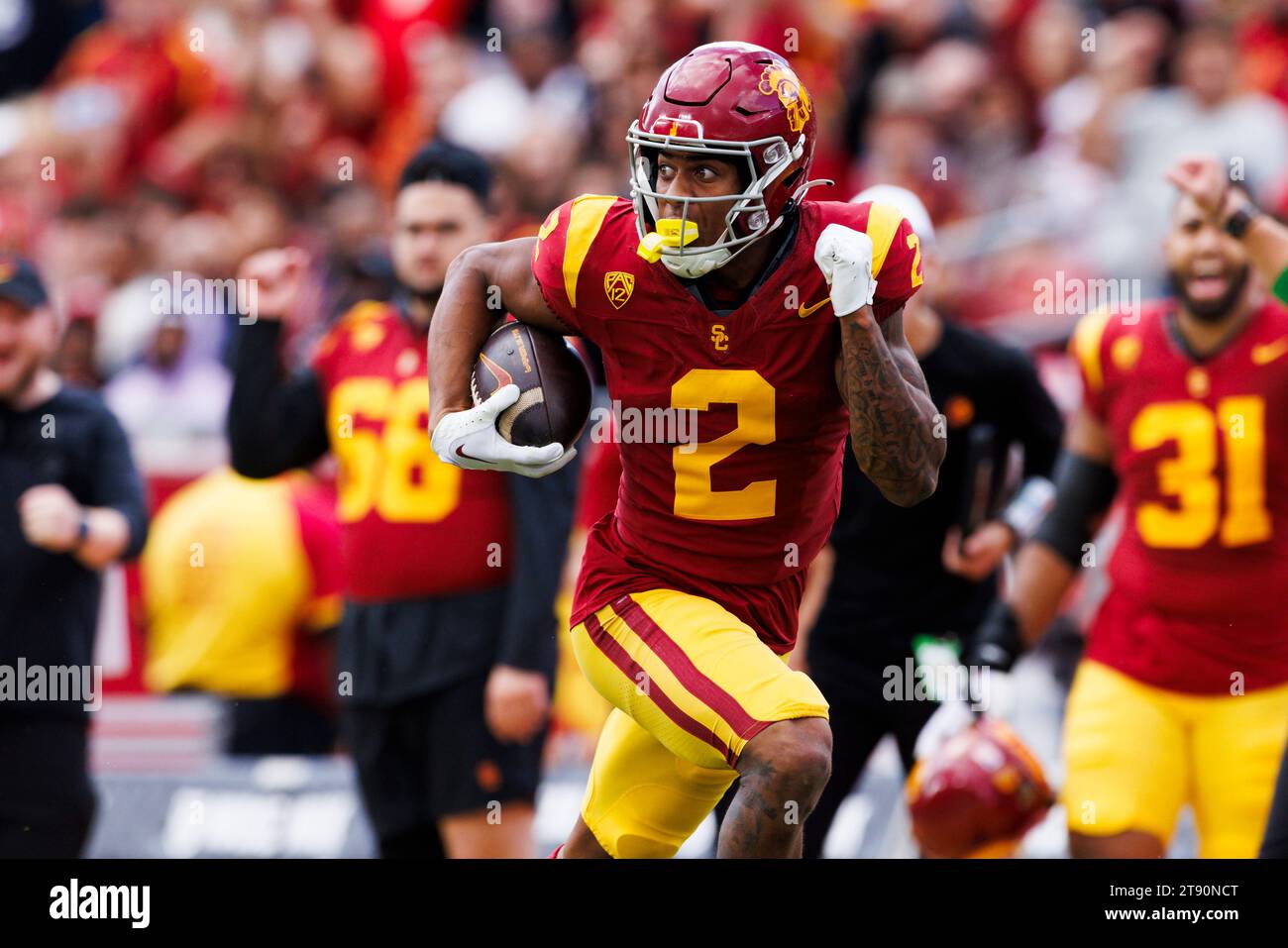 USC Trojans wide receiver Brenden Rice (2) runs after the catch during ...