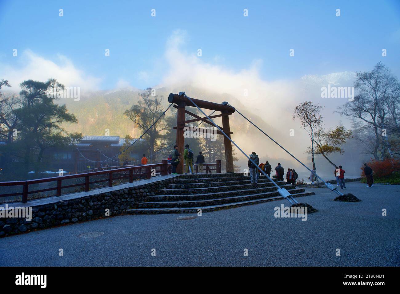 KAMIKOCHI,NAGANO,JAPAN-Tourists on the kappa wooden bridge at Kamikochi ...