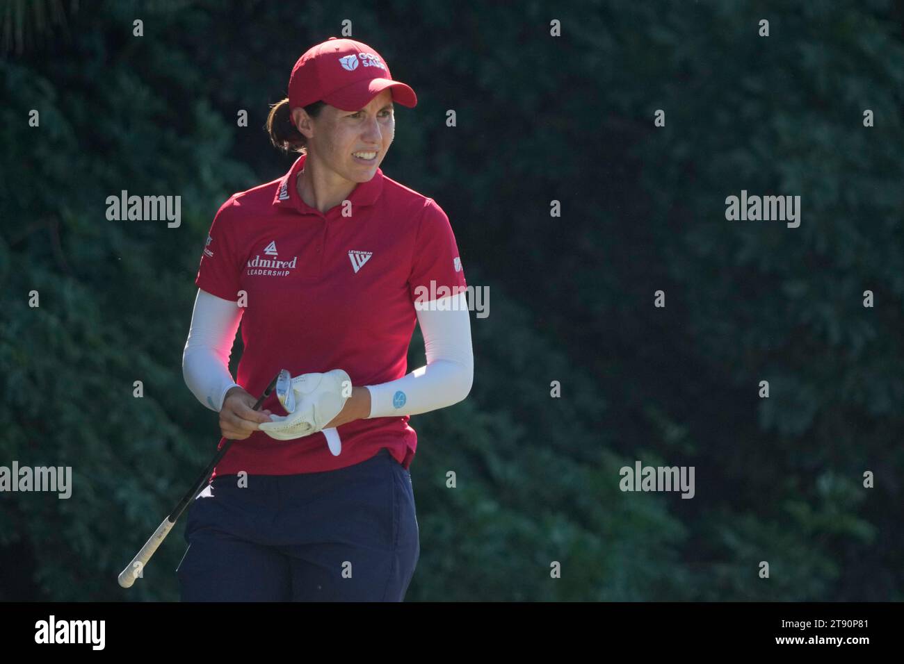 Carlota Ciganda, of Spain, prepares to hit on the second fairway during the final round of the ...