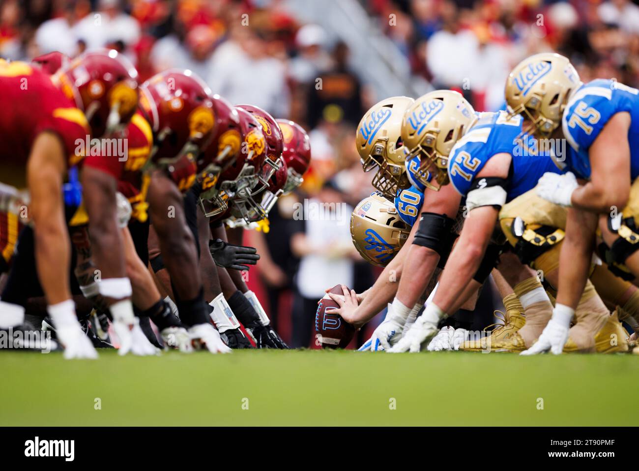 USC Trojans defense and UCLA Bruins offense at the line of scrimmage ...