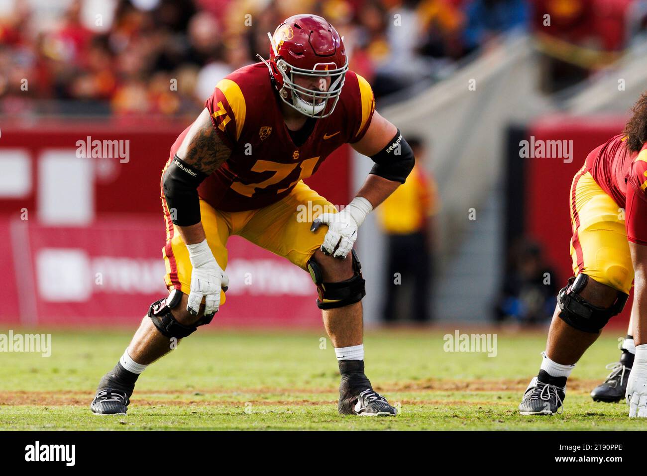 USC Trojans offensive lineman Michael Tarquin (71) in an offensive ...