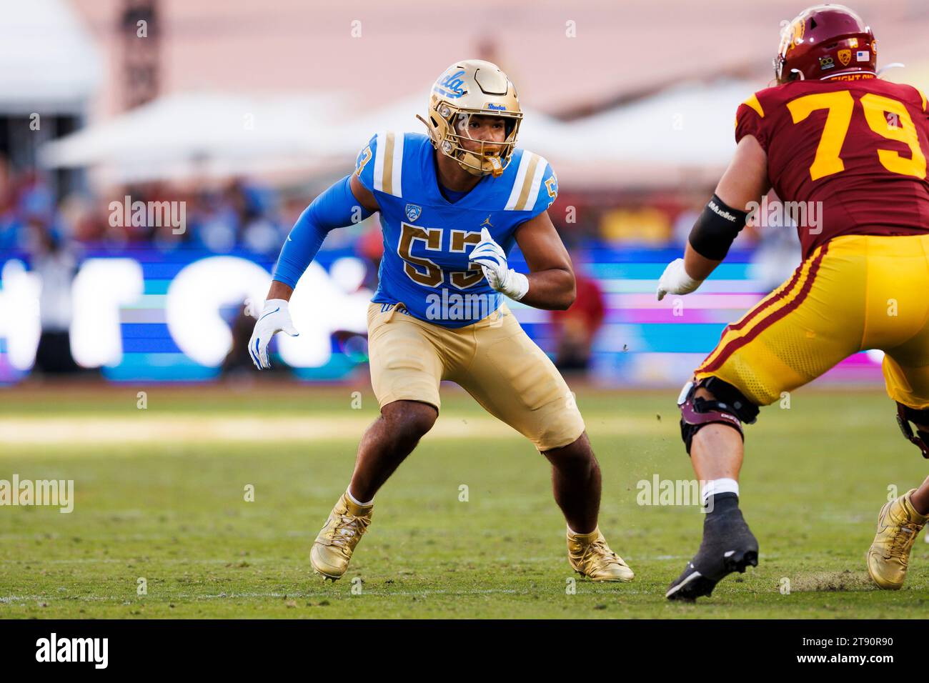 UCLA Bruins linebacker Darius Muasau (53) rushes the edge during an ...