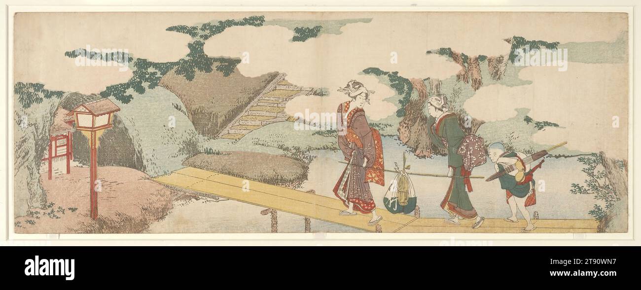 Two Women and a Boy on Boardwalk, 1800s, Katsushika Hokusai, Japanese ...