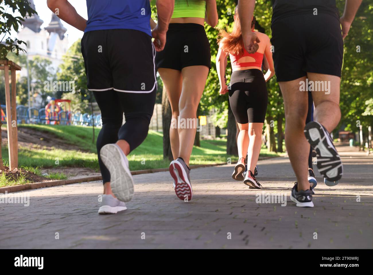 Group of people running in park, back view Stock Photo - Alamy