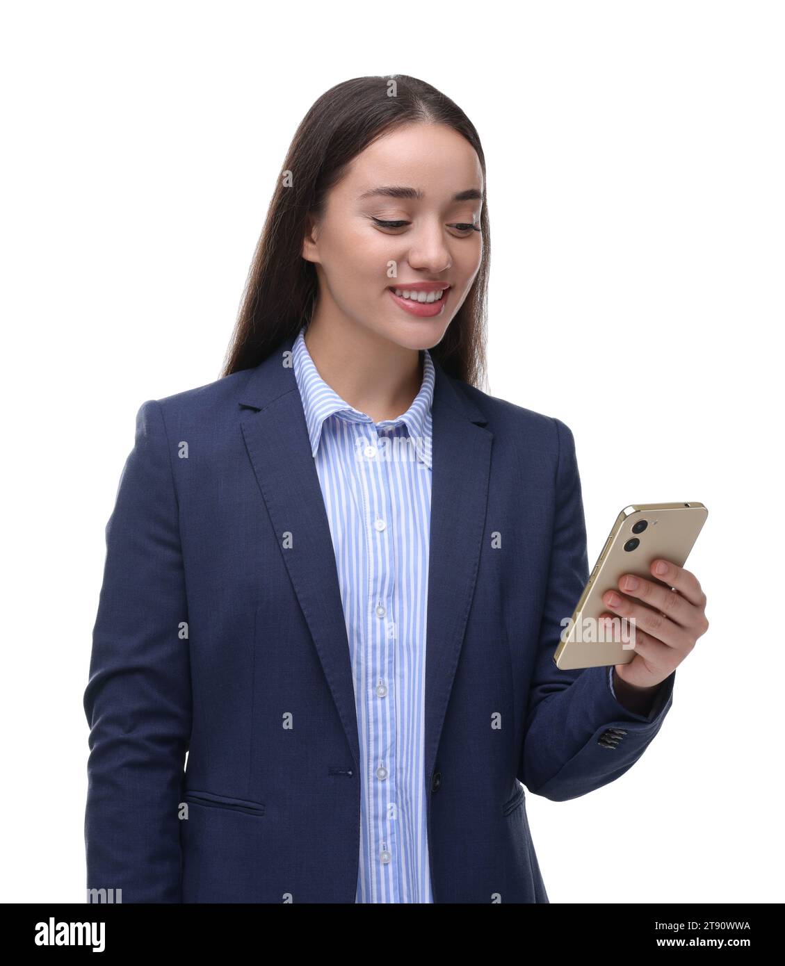 Happy woman sending message via smartphone on white background Stock ...