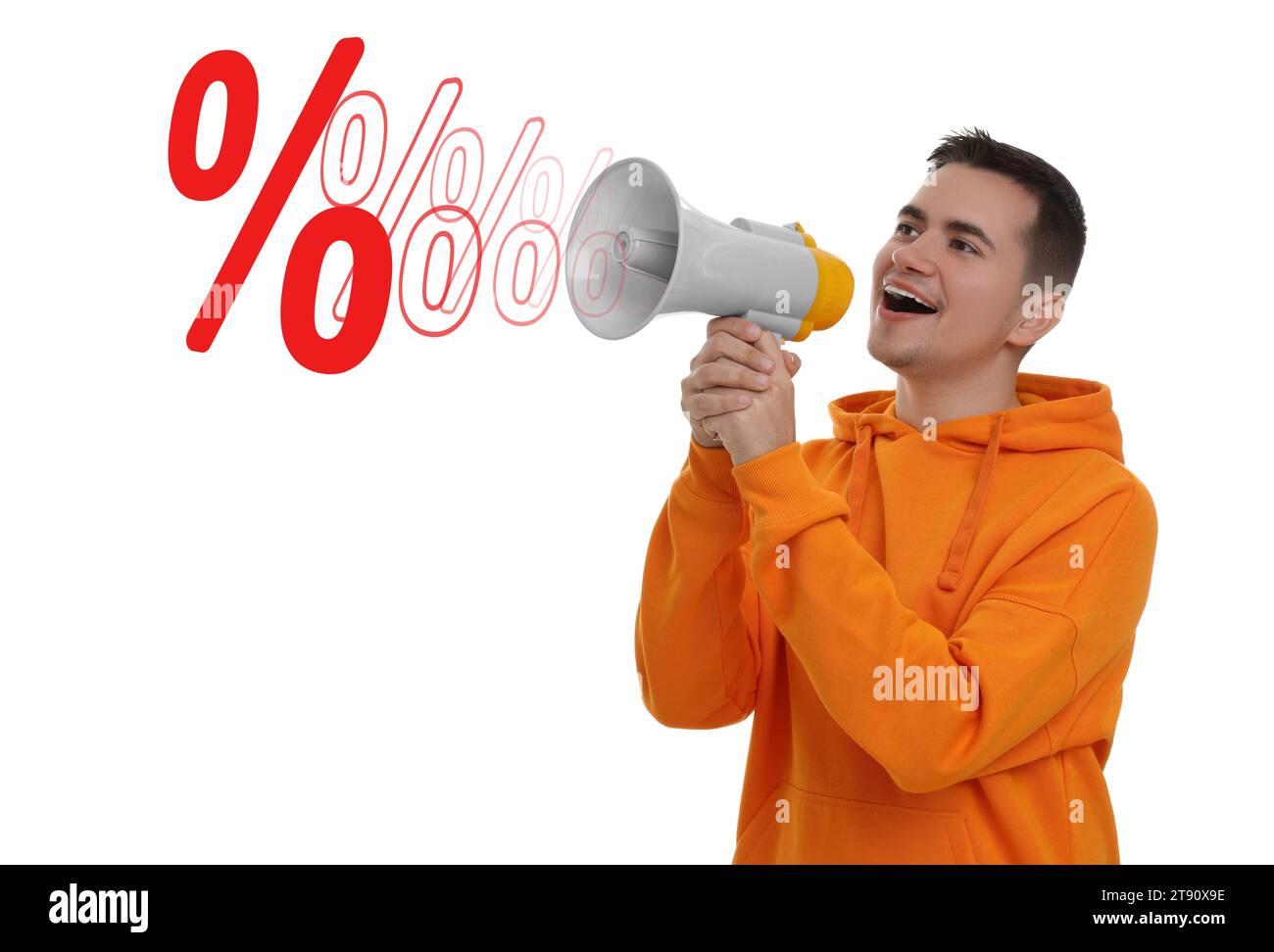 Discount offer. Man shouting into megaphone on white background ...