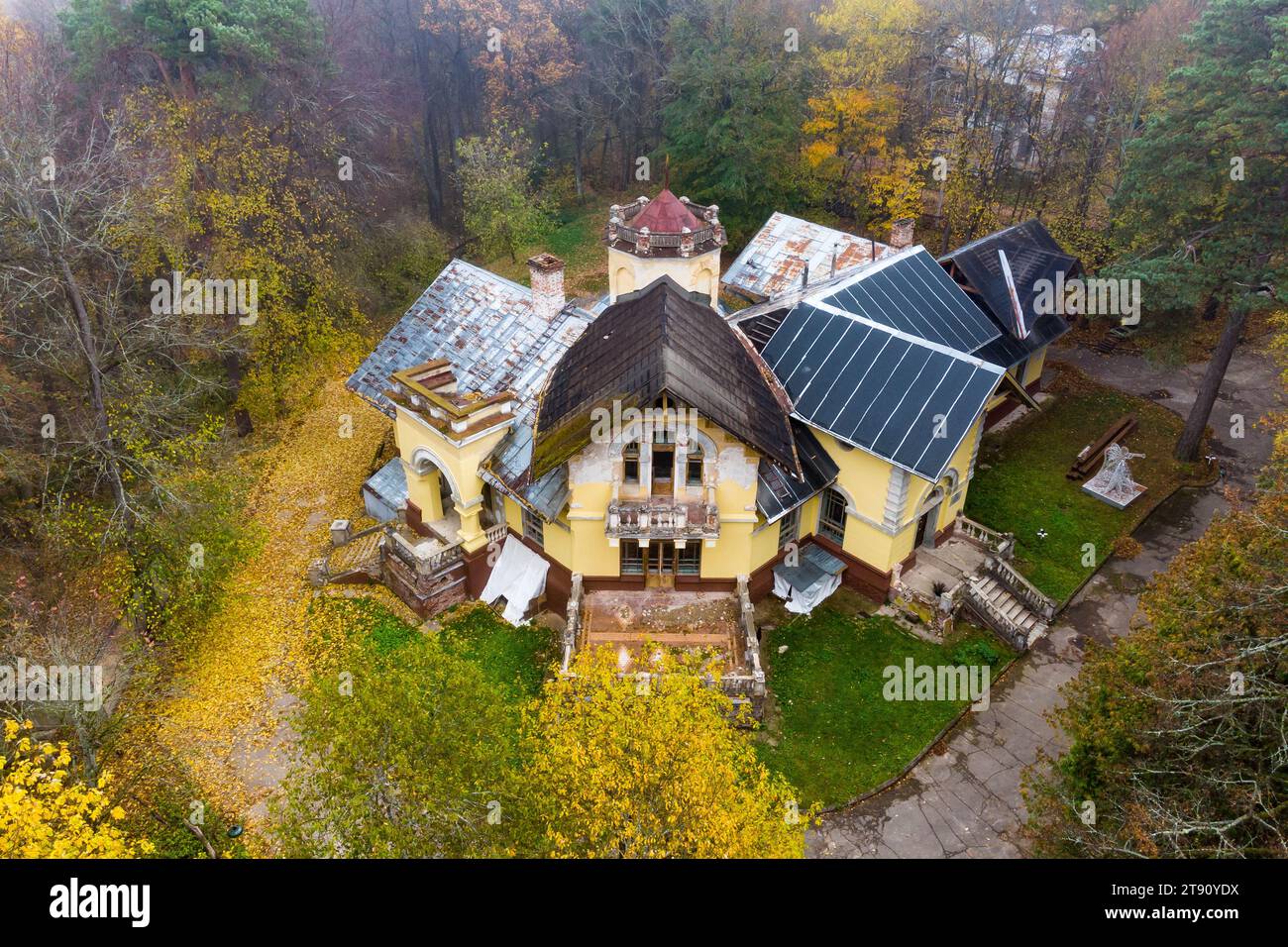 Aerial view of the century-old building of the former estate surrounded ...