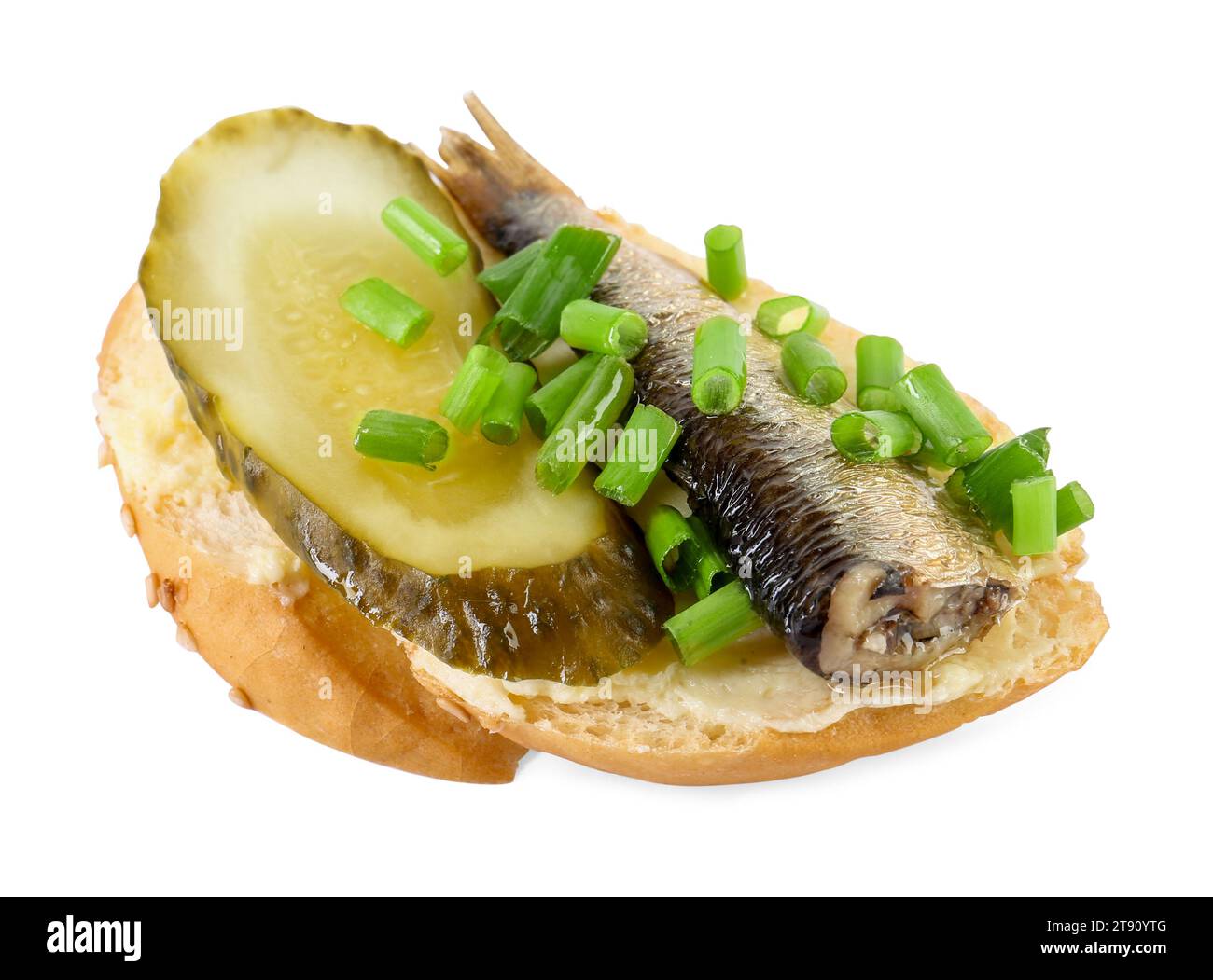 Delicious sandwich with sprat, pickled cucumber and green onion ...