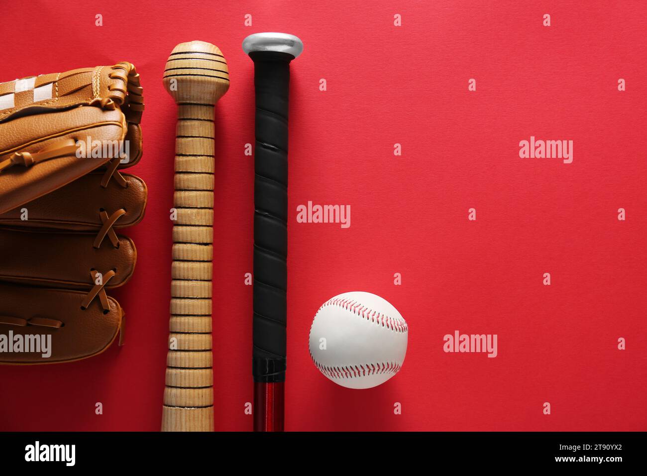 Baseball glove, bats, ball and batting helmet on red background, flat ...