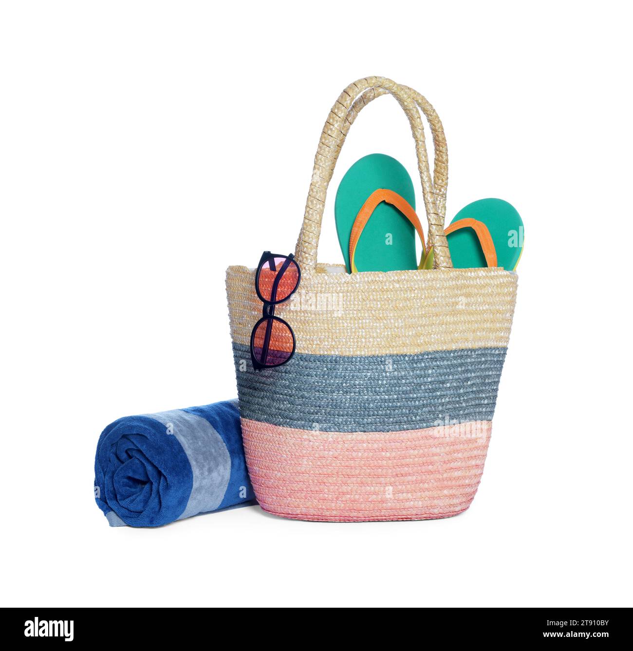 Beach bag, towel, sunglasses and flip flops isolated on white Stock ...