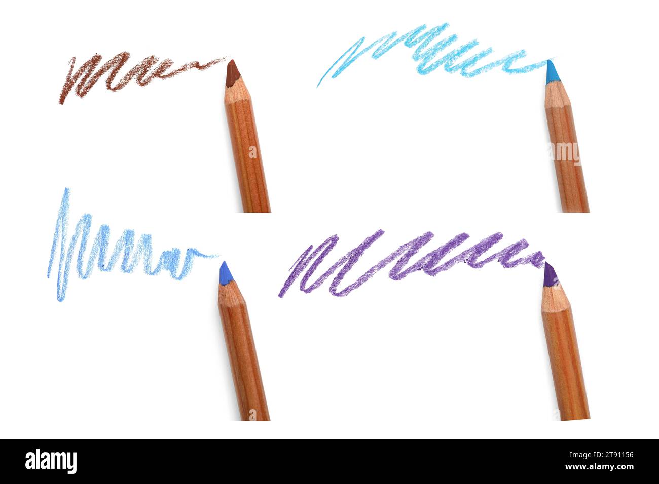 Colorful pastel pencils and scribbles on white background, top view ...
