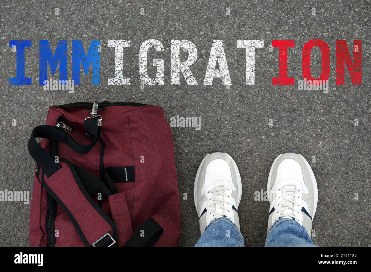 Man with bag standing on asphalt near word Immigration in colors of ...
