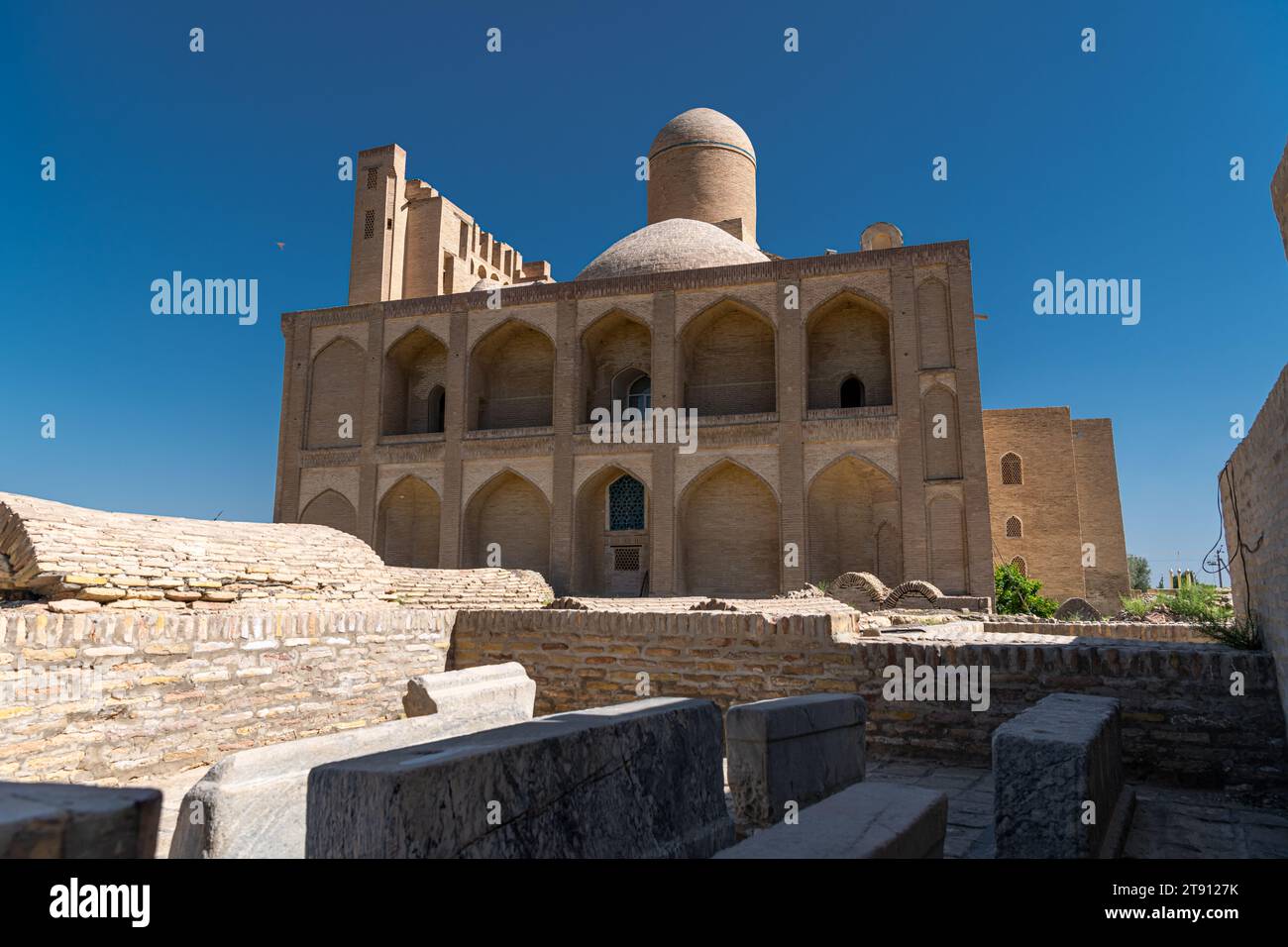 JUNE 27, 2023, BUKHARA, UZBEKISTAN: Panorama of medieval Muslim tombs and mosque in the Chor ...