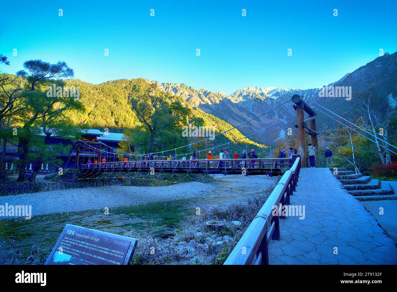 KAMIKOCHI,NAGANO,JAPAN-Tourists on the kappa wooden bridge at Kamikochi ...