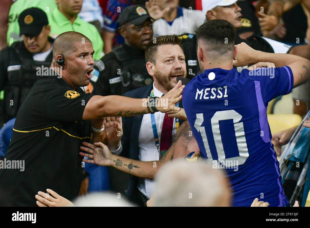 Rio de Janeiro, Brazil. 21st Nov, 2023. Lionel Messi of Argentina, tries to calm the ...