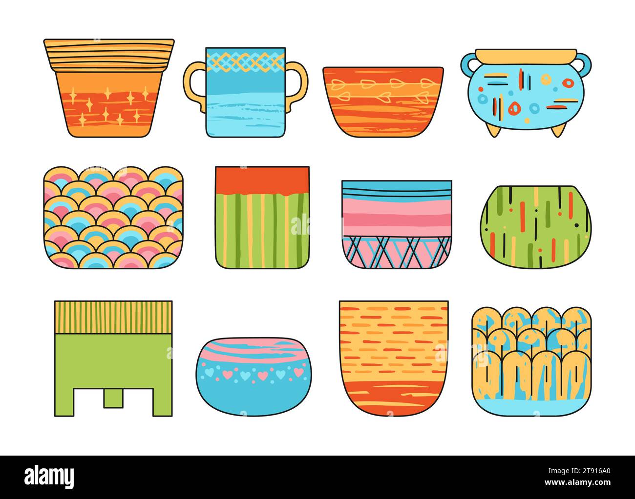 Ceramic vase and pot for flowers set. Hand drawn stylized textured ...