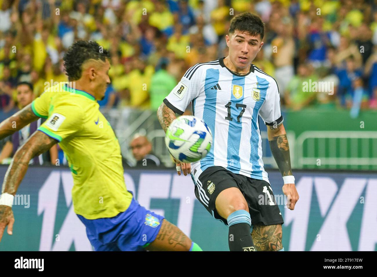Rio De Janeiro, Brazil. 21st Nov, 2023. Enzo Fernandez and Raphinha during Brazil x Argentina ...