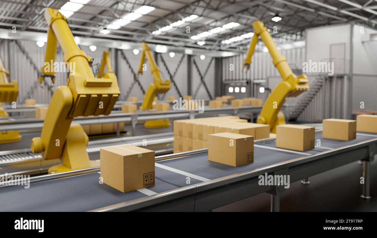 A modern distribution warehouse with modern robot arms and cardboard ...
