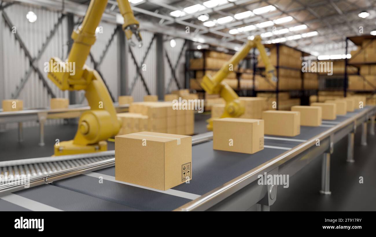 A row of cardboard boxes is on a conveyor belt in a modern distribution ...