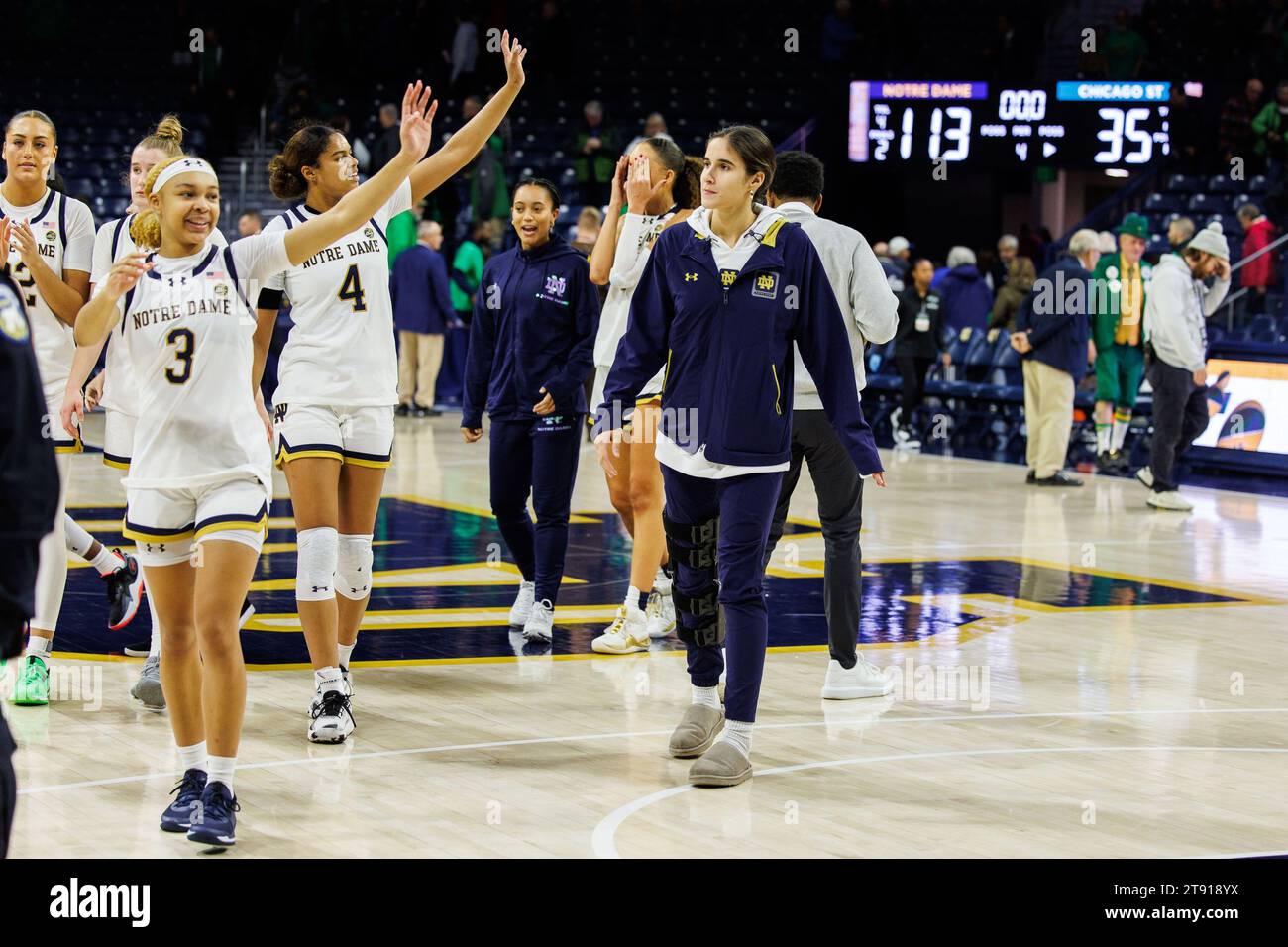 South Bend, Indiana, USA. 21st Nov, 2023. Injured Notre Dame guard Sonia Citron (11) walks off ...