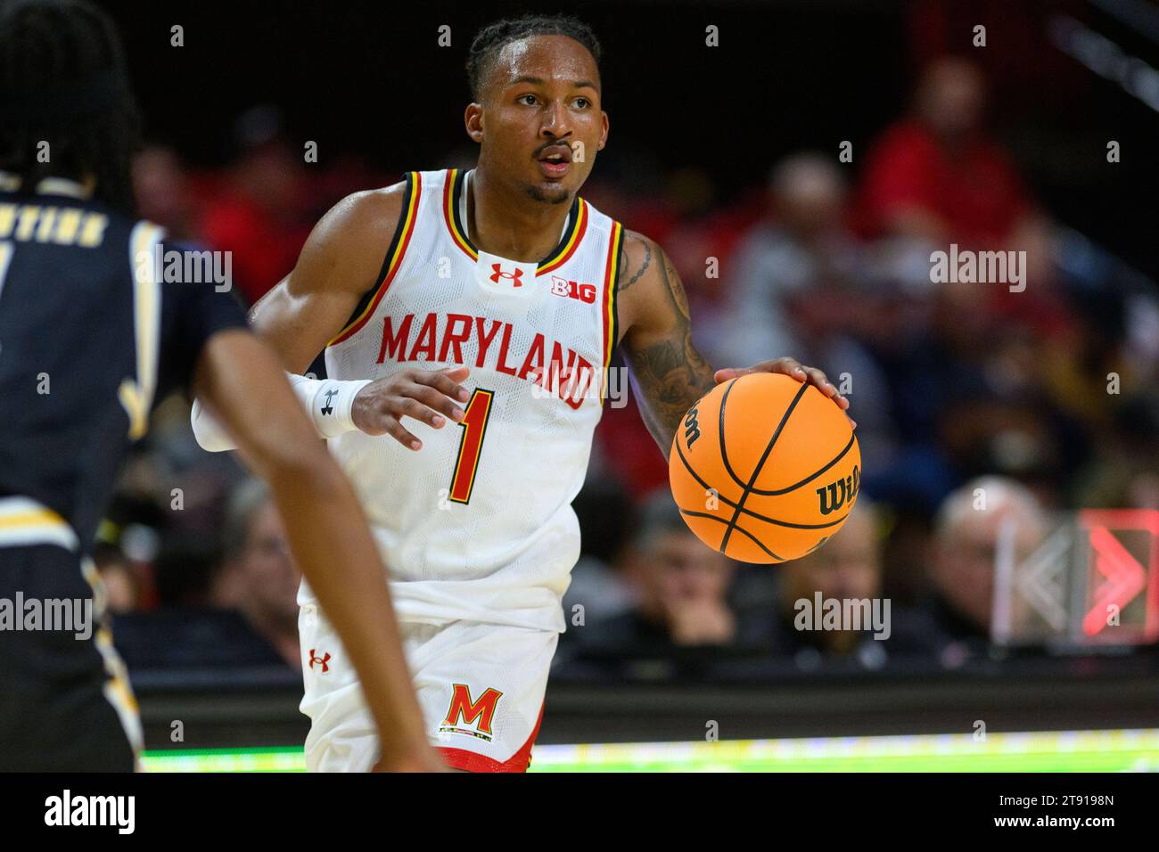 College Park, MD, USA. 21st Nov, 2023. Maryland Terrapins guard Jahmir ...