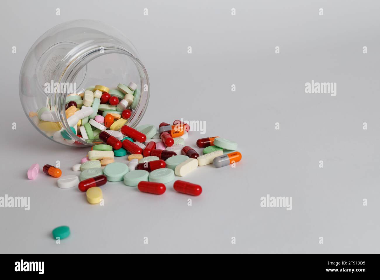 spills of various kinds of chemical drugs from medicine containers on a ...