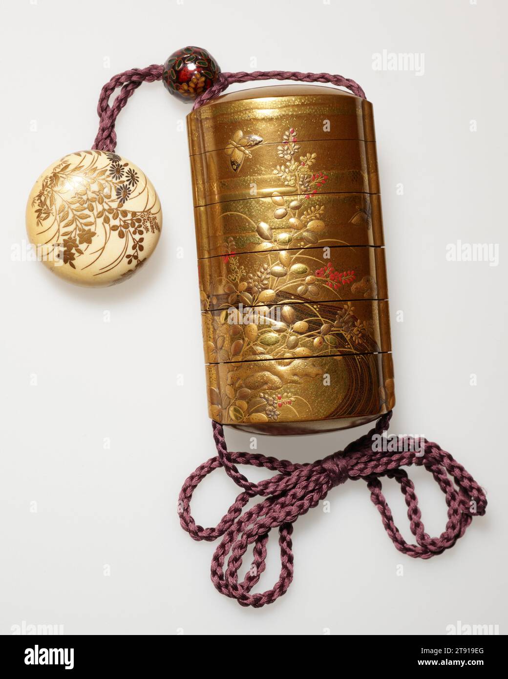 Five-case inro with decor of bushclover and butterflies; ojime with ...