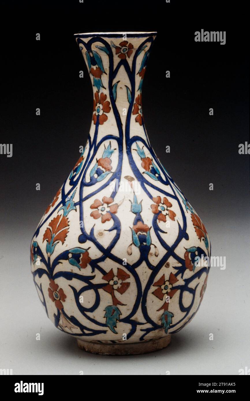 Vase, 16th century, 10 1/2 in. (26.67 cm), Iznik ware Slip-coated earthenware with blue and red ...