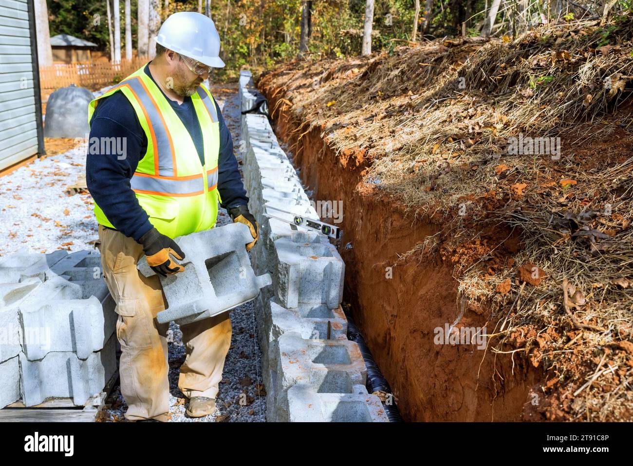 Construction of retaining walls, which is being performed by contractor ...