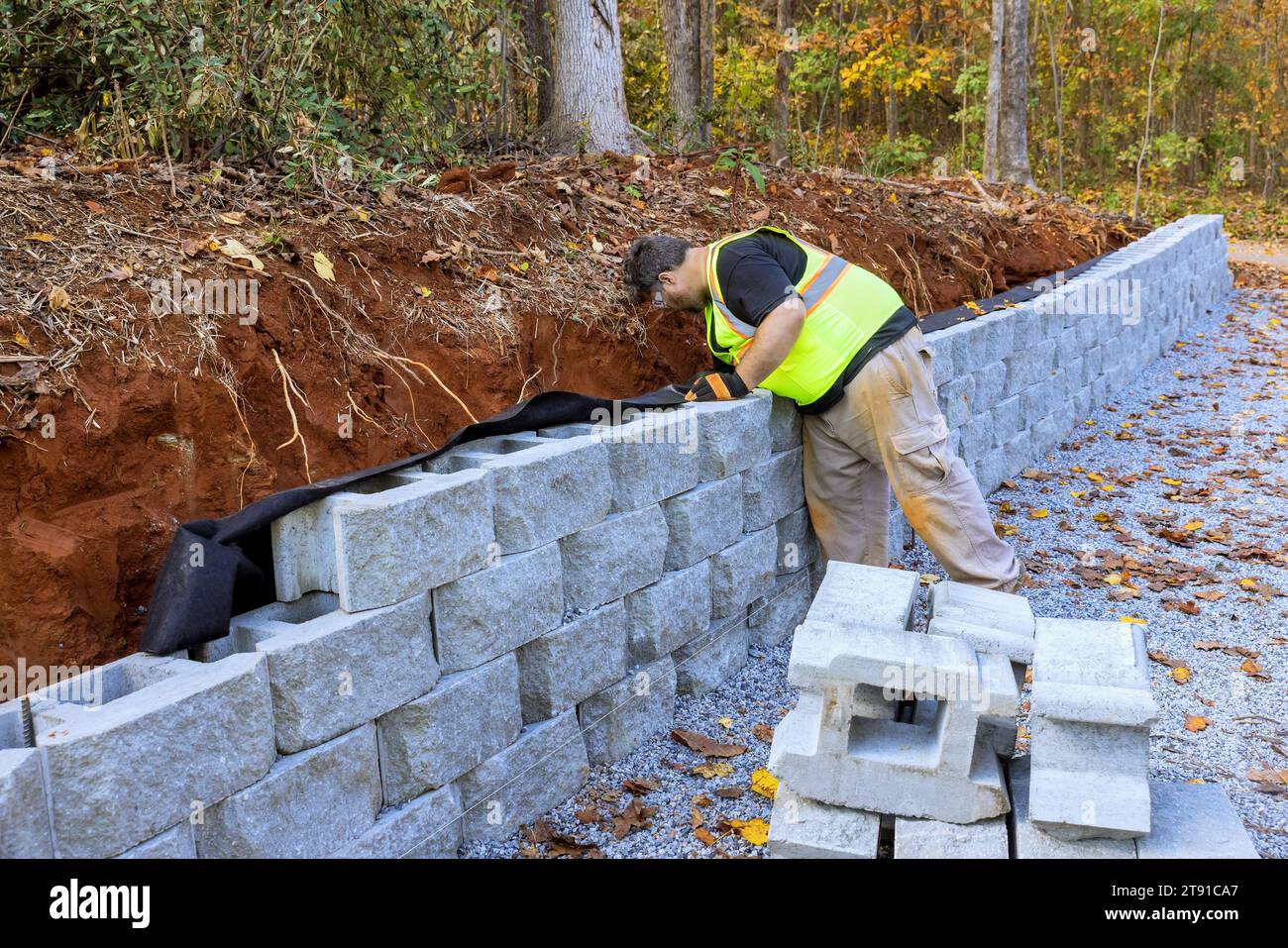 Contractors were installing new wall on construction site large block ...
