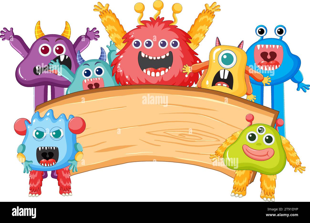 Colorful cartoon aliens posing next to a wooden frame board template ...