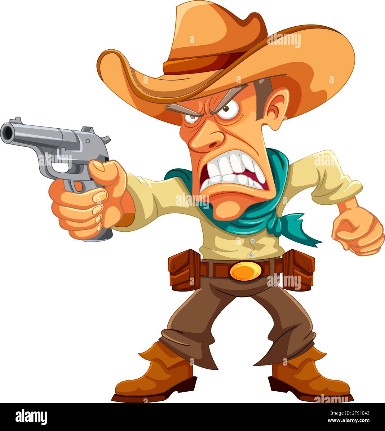 An angry cowboy wearing a hat, holding a gun in a vector cartoon ...